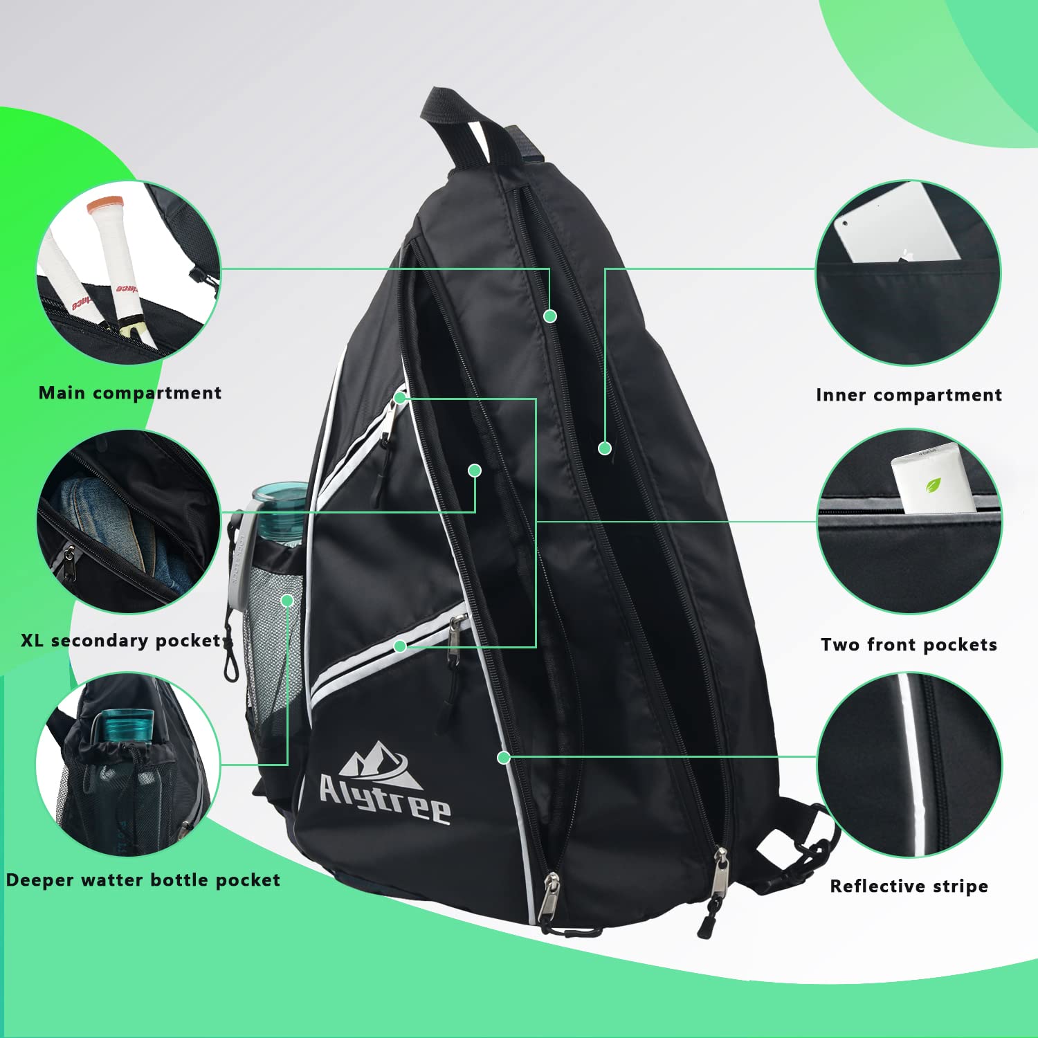 Alytree Pickleball Bag with Phone Holder on Strap, Lightweight Pickleball Crossbody Sling Backpack for Men Women, Adjustable Water Resistant Pickleball Paddle Bag with Fence Hook/Large Capacity