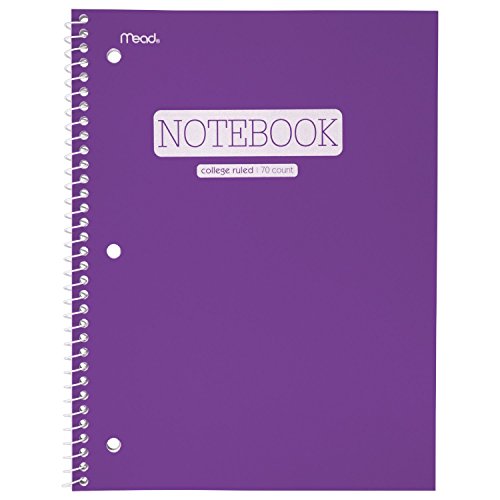 Mead Spiral Notebook, 1 Subject, College Ruled Paper, 70 Sheets, 10-1/2" x 7-1/2", Plastic, Color Selected For You, 1 Count (07178)