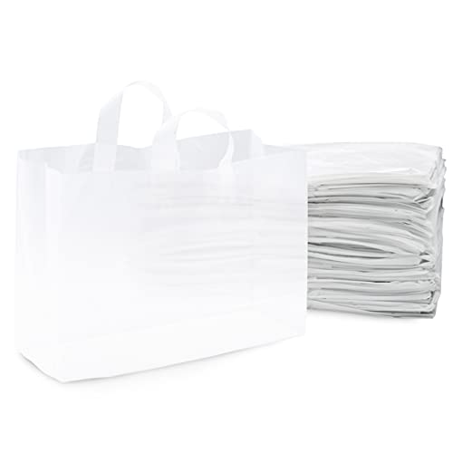 Prime Line Packaging - 16x6x12 Inch 100 Pack Plastic Bags with Handles, Shopping Bags for Small Business, Large Clear Frosted White in Bulk for Boutiques, Retail Stores, Merchandise & Gifts