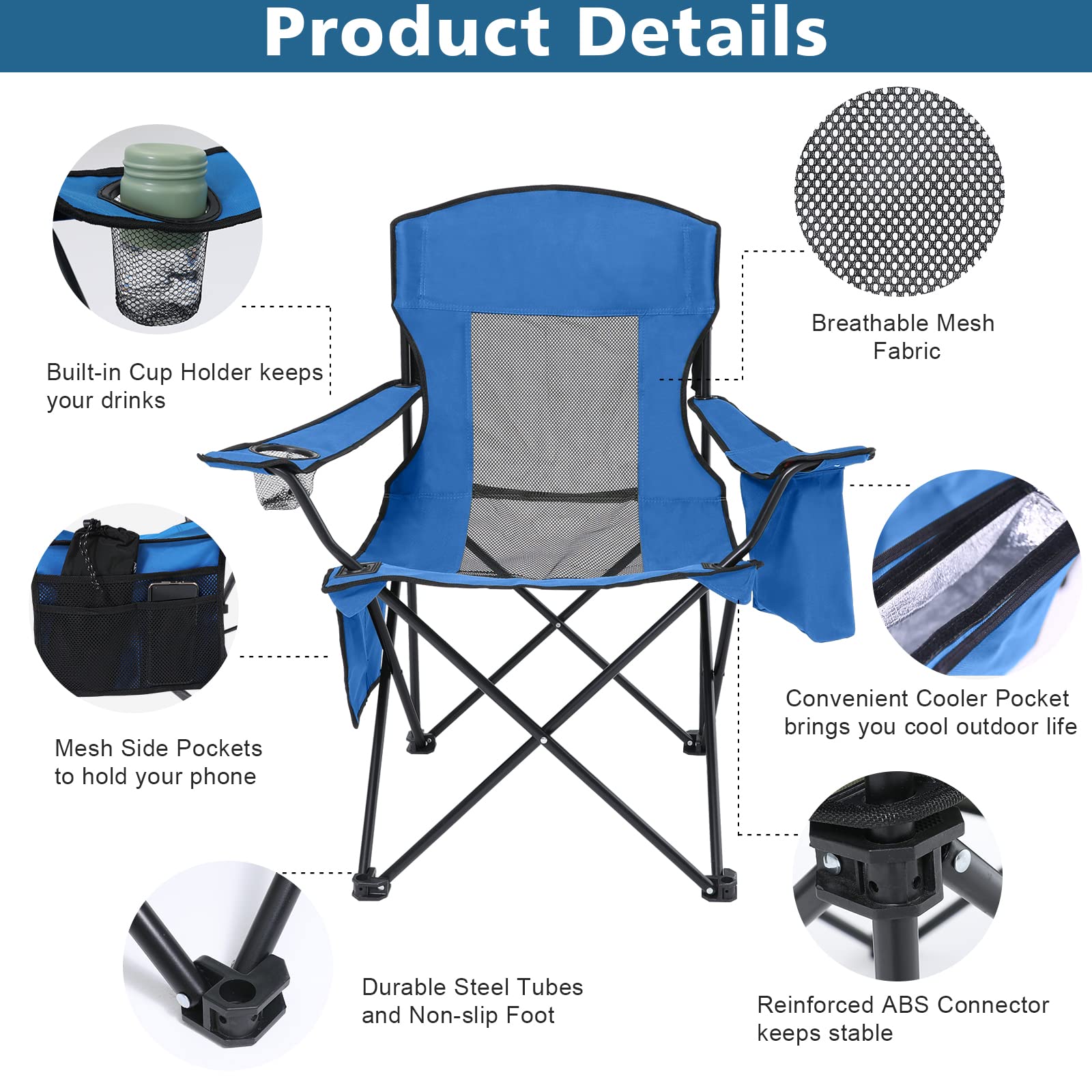 ABCCANOPY Portable Folding Outdoor Camping Chair with Mesh Pocket, Cooler Bag and Cup Holder（6 Packs, Royal Blue