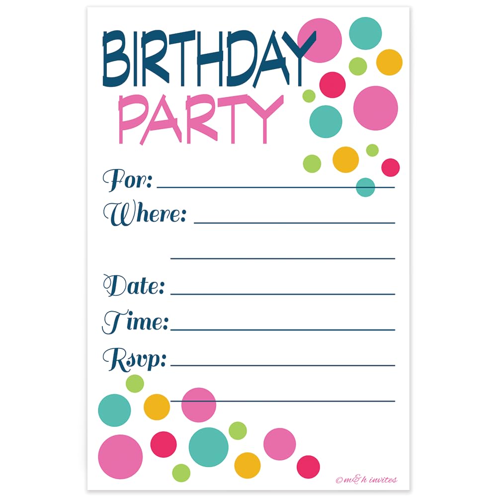 Adult or Teen Birthday Party Invitations Colorful Dots - Fill In Style (20 Count) With Envelopes