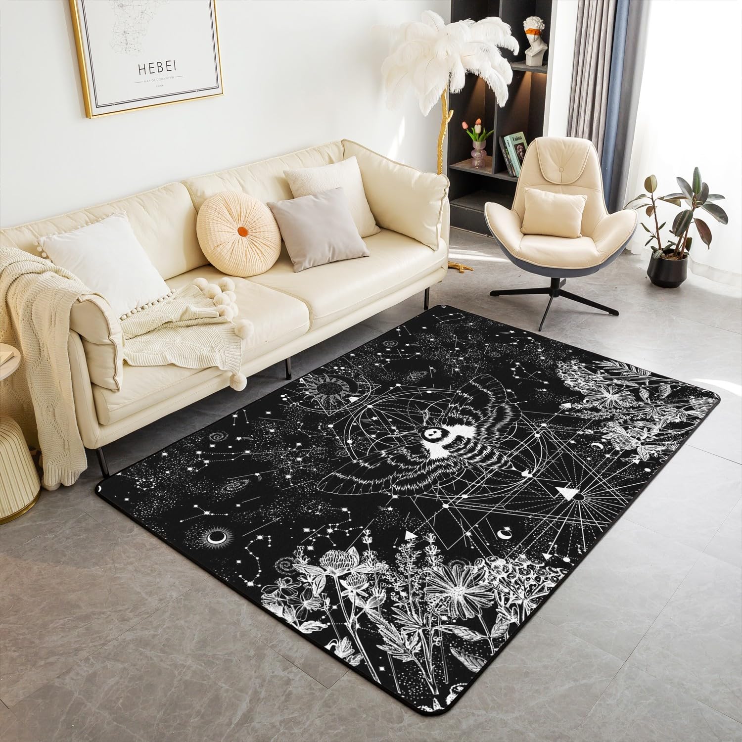 Erosebridal Sun and Moon Area Rug 3x5 for Bedside,Death Moth Carpet,Glitter Stars Indoor Floor Mat,Bohemian Hippie Nebula Celestial Accent Rug Set Botanical Plants for Bedroom Doorway Non Slip