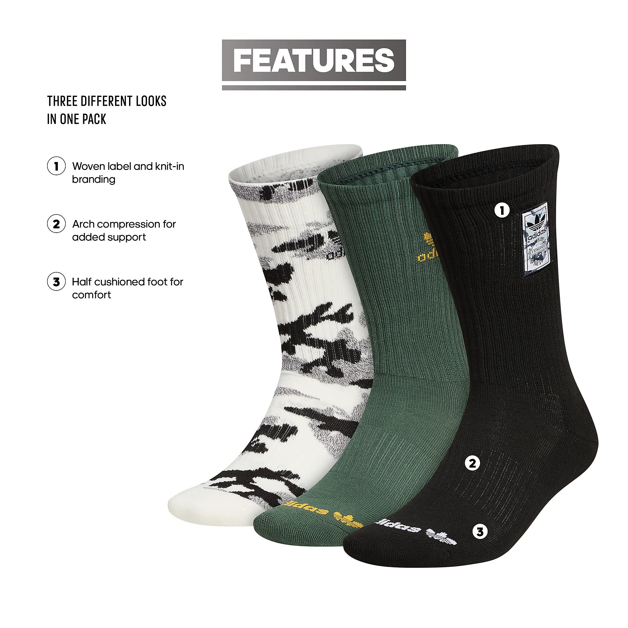 adidas Originals Mixed Graphics Cushioned Crew Socks (3-Pair), White/Preloved Brown/Preloved Yellow, Medium