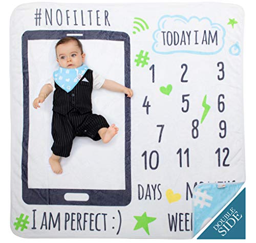 MeBlanky Baby Milestone Blanket-3X Fluffier Newborn Monthly Milestone Blanket-2in1-Swaddle ?n? Photo - 47?x47? Super Soft Fleece First Year Baby Blanket-Blue Photo Blanket for Baby Boys or Girls