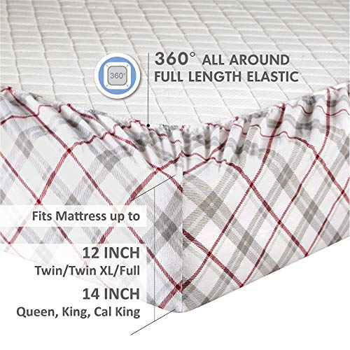 Comfort Spaces Cotton Flannel Breathable Warm Deep Pocket Sheets with Pillow Case Bedding, Cal King, Grey/Red Plaid 4 Piece