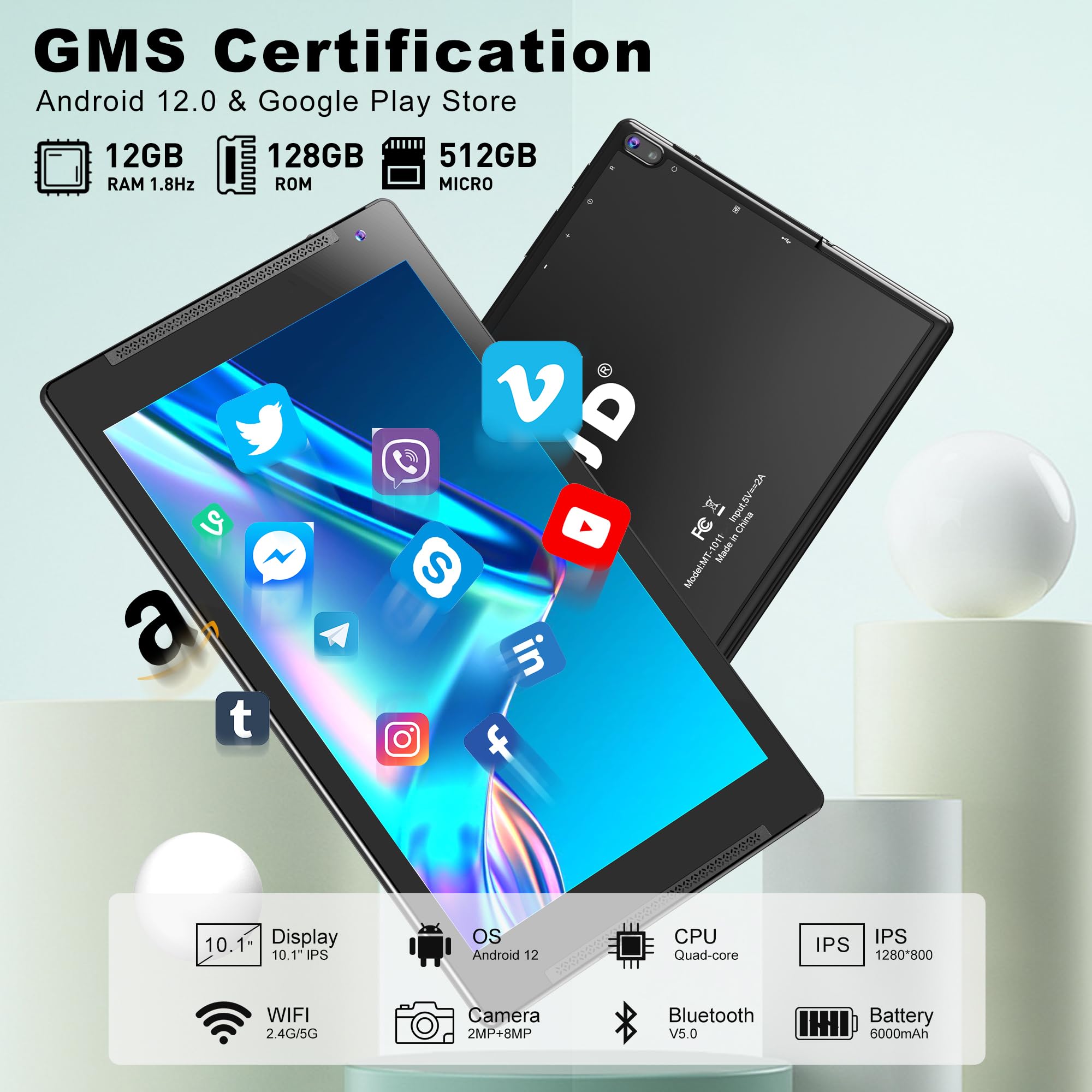 Android 12 Tablet 10.1 Inch Tablets with Stand, 6+6 GB RAM 128GB ROM 512GB Expandable, Google GMS Tablet, 6000mAh Fast Charge, 8MP Dual Camera, 2.4G/5G WiFi6, IPS HD Touch Screen (Black)