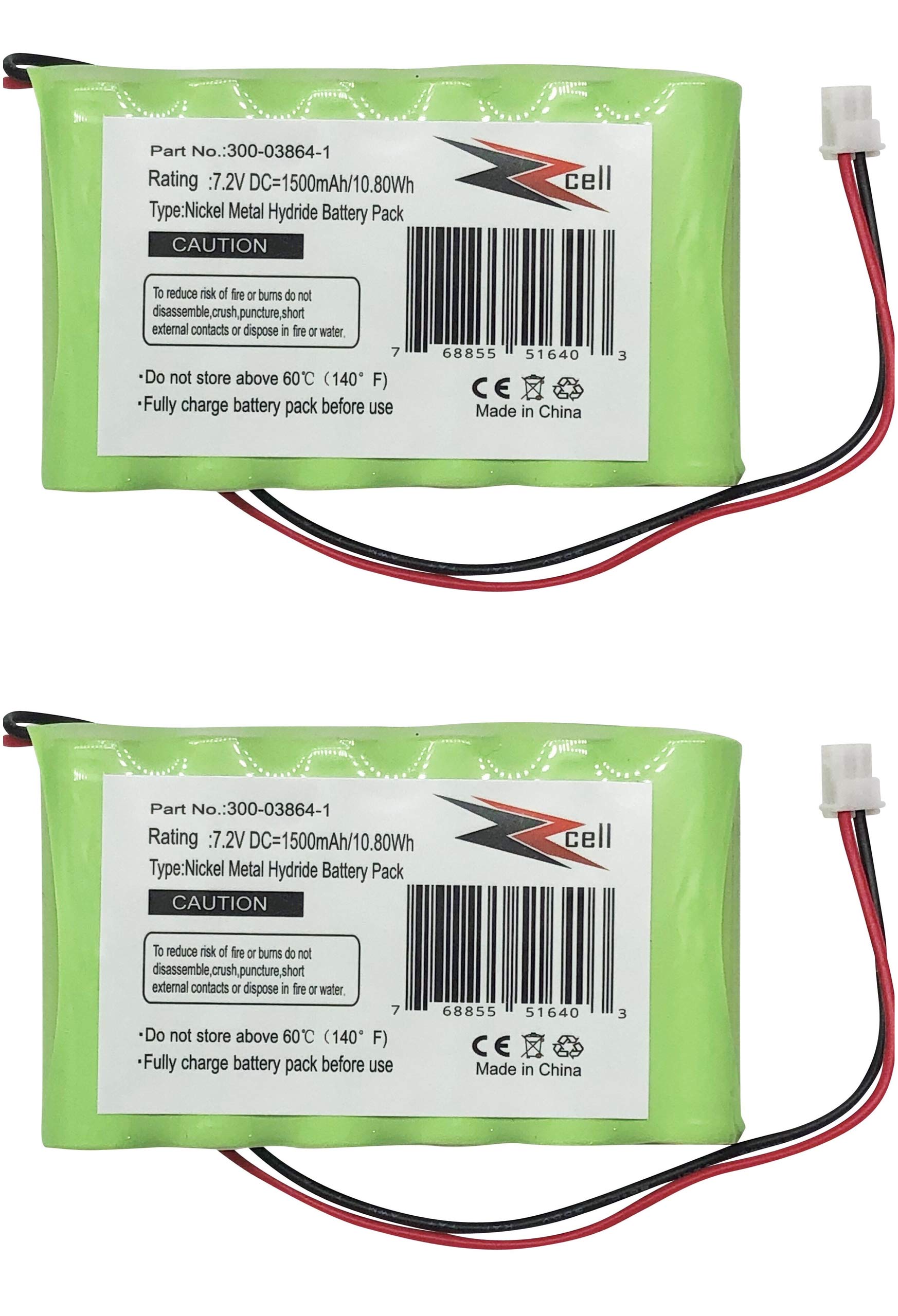 ZZcell 2-Pack Battery for Honeywell Alarm 300-03864-1, Lynx L3000, Lynx L5000, Lynx L5100, ADEMCO 300-03865, 7.2V, 1500mAh (NOTE: Please Check Part Number Before Purchase -Battery Connector- 2 Prong)