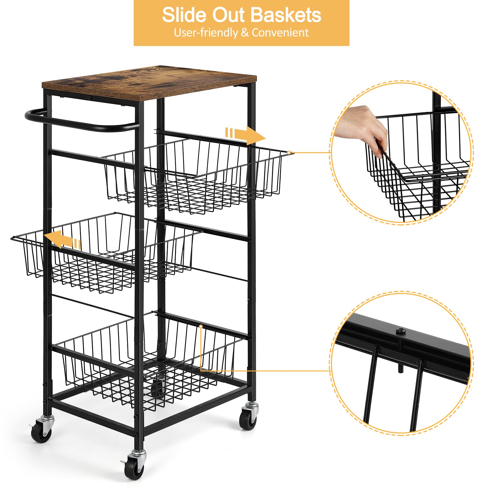 smusei Kitchen Cart on Wheels 4 Tier Metal Moveable Kitchen Cart with Storage Rolling Utility Storage Cart with Pull Out Baskets for Home, Bathroom, Pantry