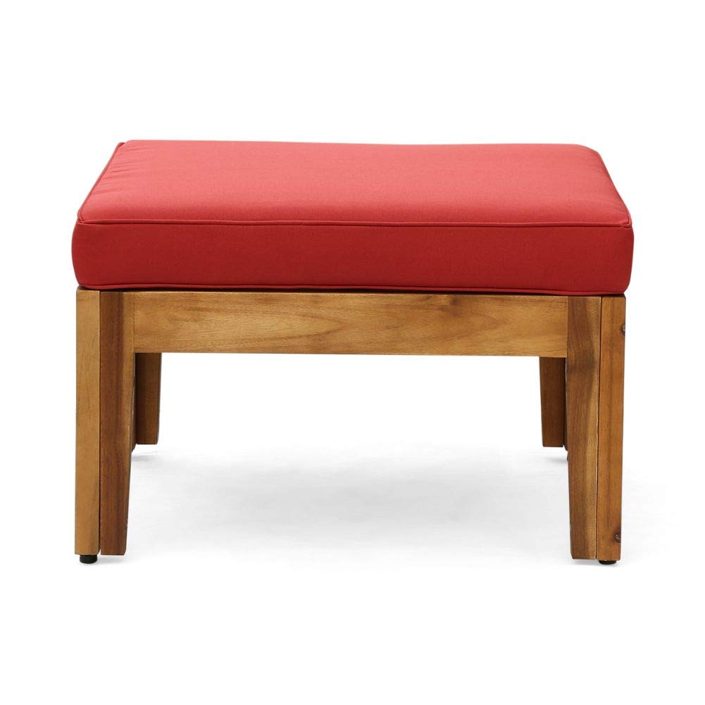 Christopher Knight Home Grenada Sectional Sofa Set | 5-Piece 3-Seater | Includes Coffee Table and Ottoman | Acacia Wood Frame | Water-Resistant Cushions | Teak and Red, Finish