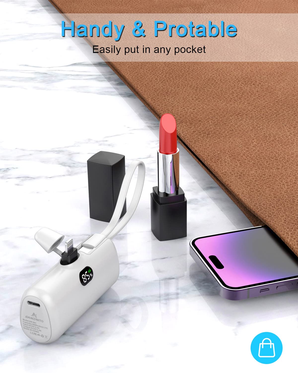 Aimenzunto Small Portable Charger, 5000mAh Lightning & USB C Dual Output Power Bank, LED Display Battery Pack Fast Charging for iPhone 14/13/12/11 Samsung S22/S21 Google Pixel Moto LG and More, White