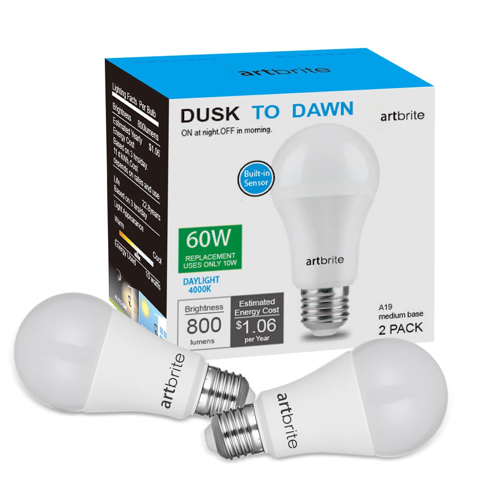 artbrite 2 Pack Dusk to Dawn Light Bulbs, Light Sensor Bulb 60W Equivalent, Outdoor Light Bulb 4000K, A19 LED Bulb 800LM, Auto On/Off Porch Light, E26 Base for Garage