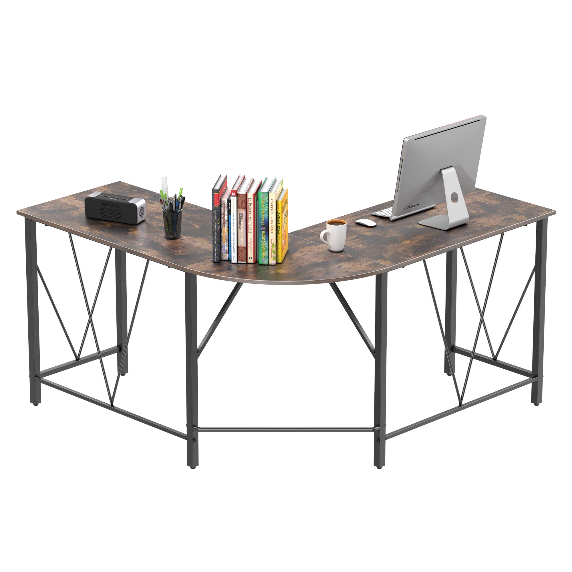 Amyove L-Shaped Desk, Home Office Desk with Round Corner,Computer Gaming Desk Table,Space-Saving/Easy to Assemble (Retro Color)