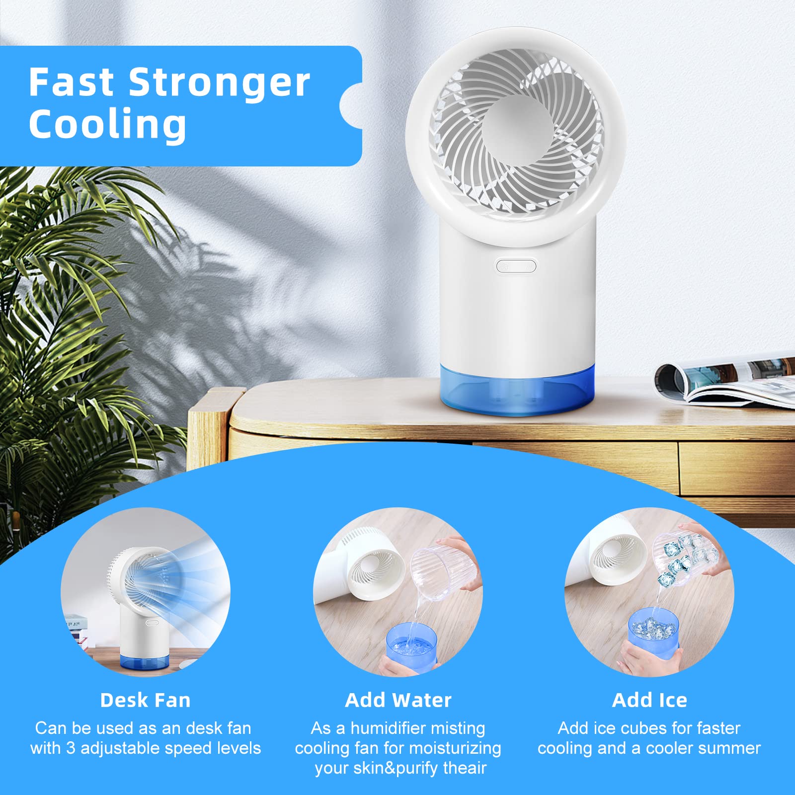 Ankuwa Personal Air Cooler, 3 in 1 Personal Desktop Cooling Fan 3 Speeds, Evaporative Portable Air Conditioner with 400ml Water ‎365-B 0