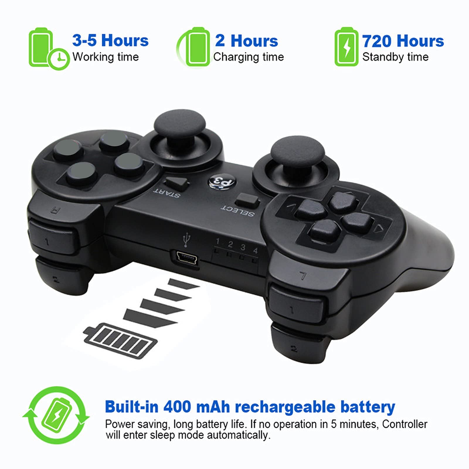 JINHOABF Wireless Controller for PS3 Controller,Built-in Dual Vibration Gamepad Compatible for Playstation 3,with Charger Cable (Black 2 PACK)