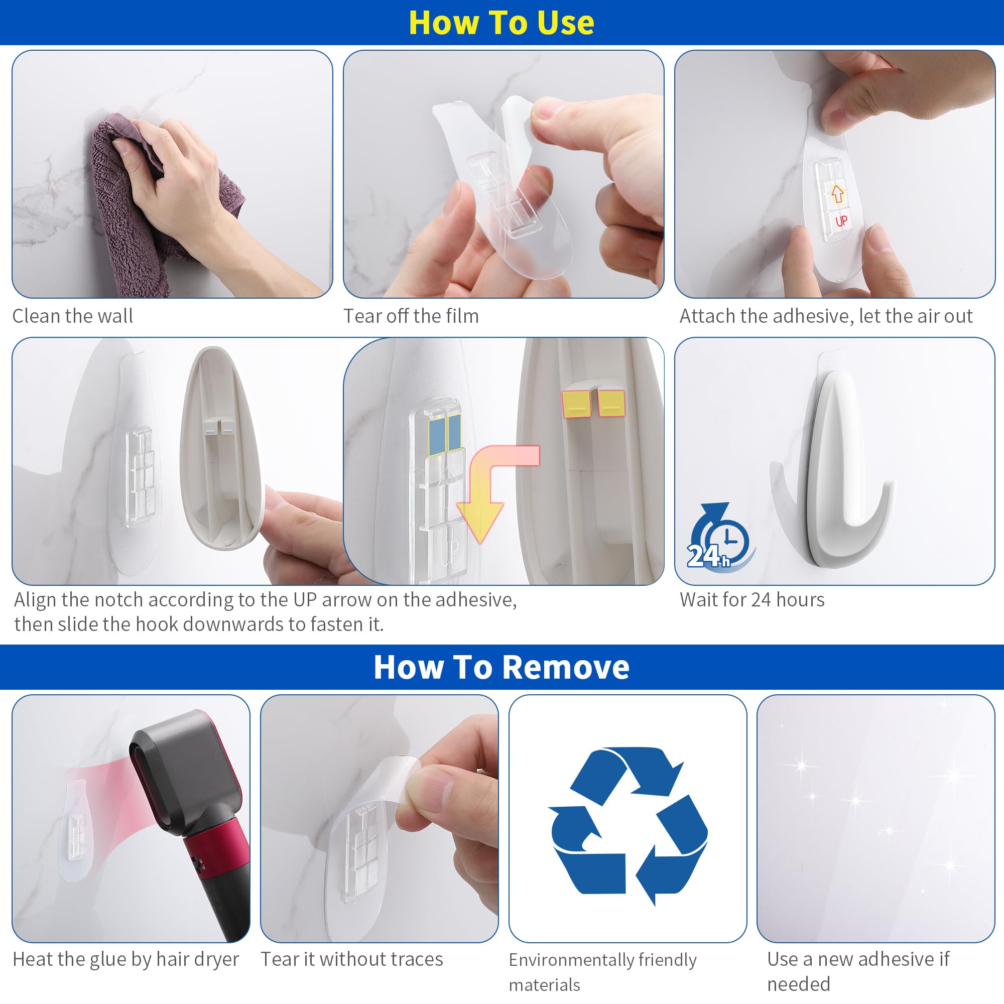 ALOCEO 10 Adhesive Towel Hooks with 11 Adhesive Strips,Wall Hooks for Hanging,Shower Hooks for Wall,Sticky Hooks for Bathroom,White