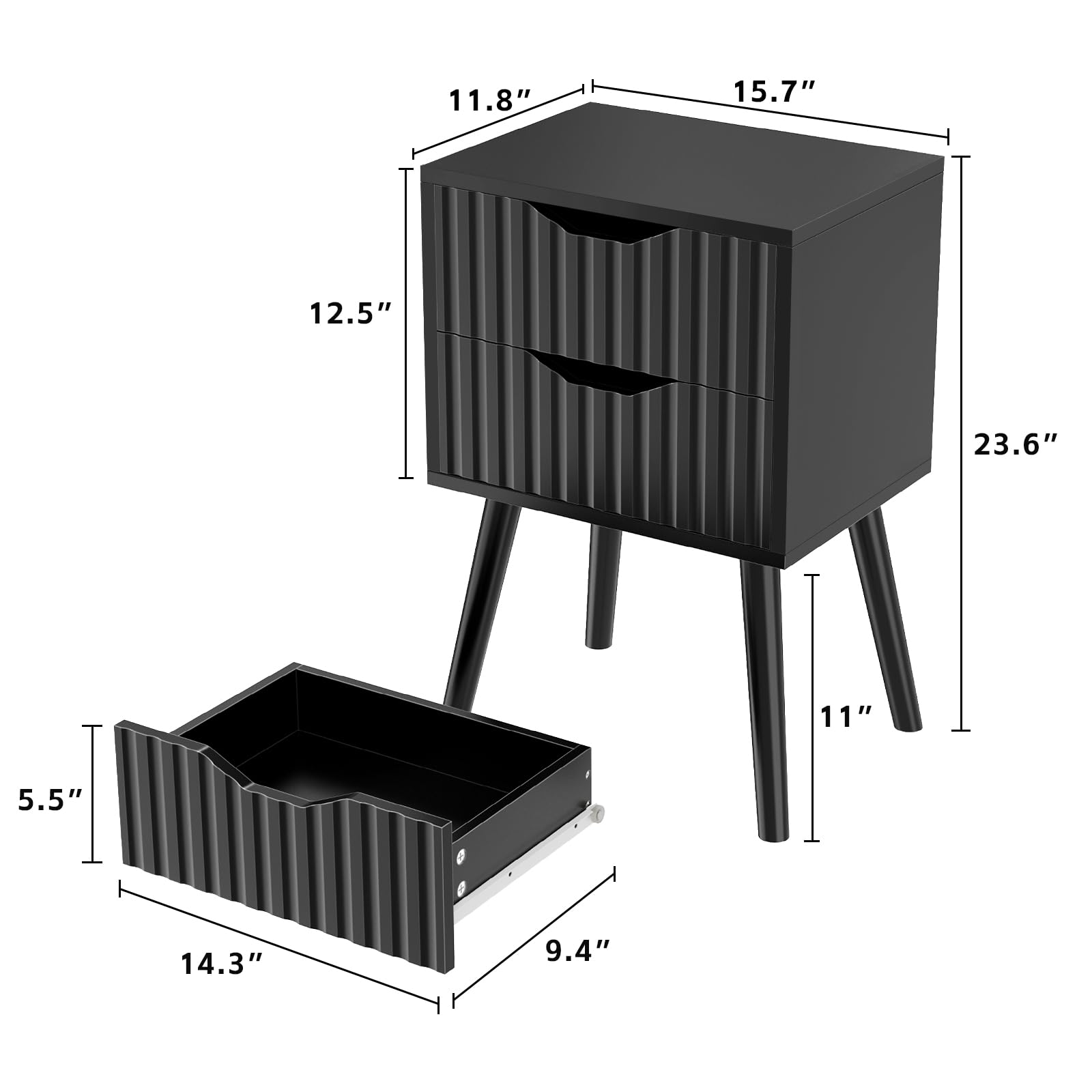 Bavelye Black Nightstand Set of 2, Thickened Wooden Night Stand with 2 Drawers, Mid-Century Modern Bedside Table with Storage, Small End Table for Bedroom