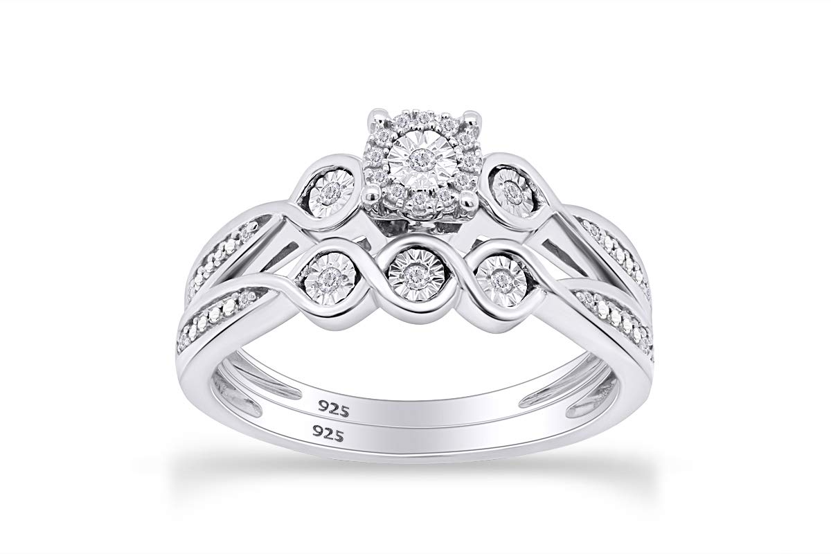 AFFY 1/10 ctw Round White Natural Diamond Set Ladies Engagement Wedding Bridal Ring Set In 14k White Gold Plated Sterling Silver (I-J / I2-I3, 0.10 ctw) Size-6