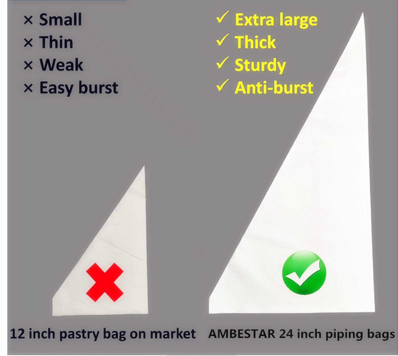 AMBESTAR 24 Inch Extra Large Piping Bags Disposable, Thickened 100Pcs Disposable Clear Plastic Icing Piping Bags, Food Grade Cake Decorating Bags for Dessert, Pastry, Cookies, Cupcake Decorating