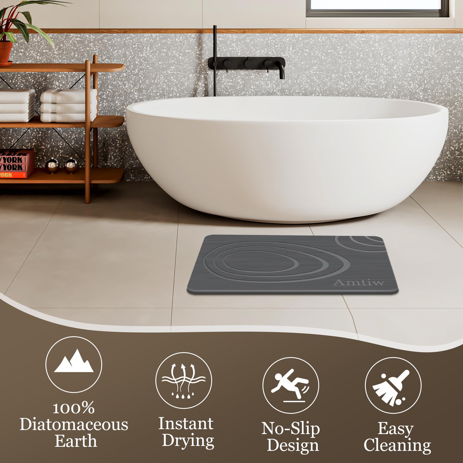 Amtiw Stone Bath Mat, Diatomaceous Earth Shower Mat, Non-Slip Super Absorbent Quick Drying Bathroom Mats, Suitable for Bathroom, Kitchen, Counter Bath Mat, Easy to Clean (23.6" X 15.4")