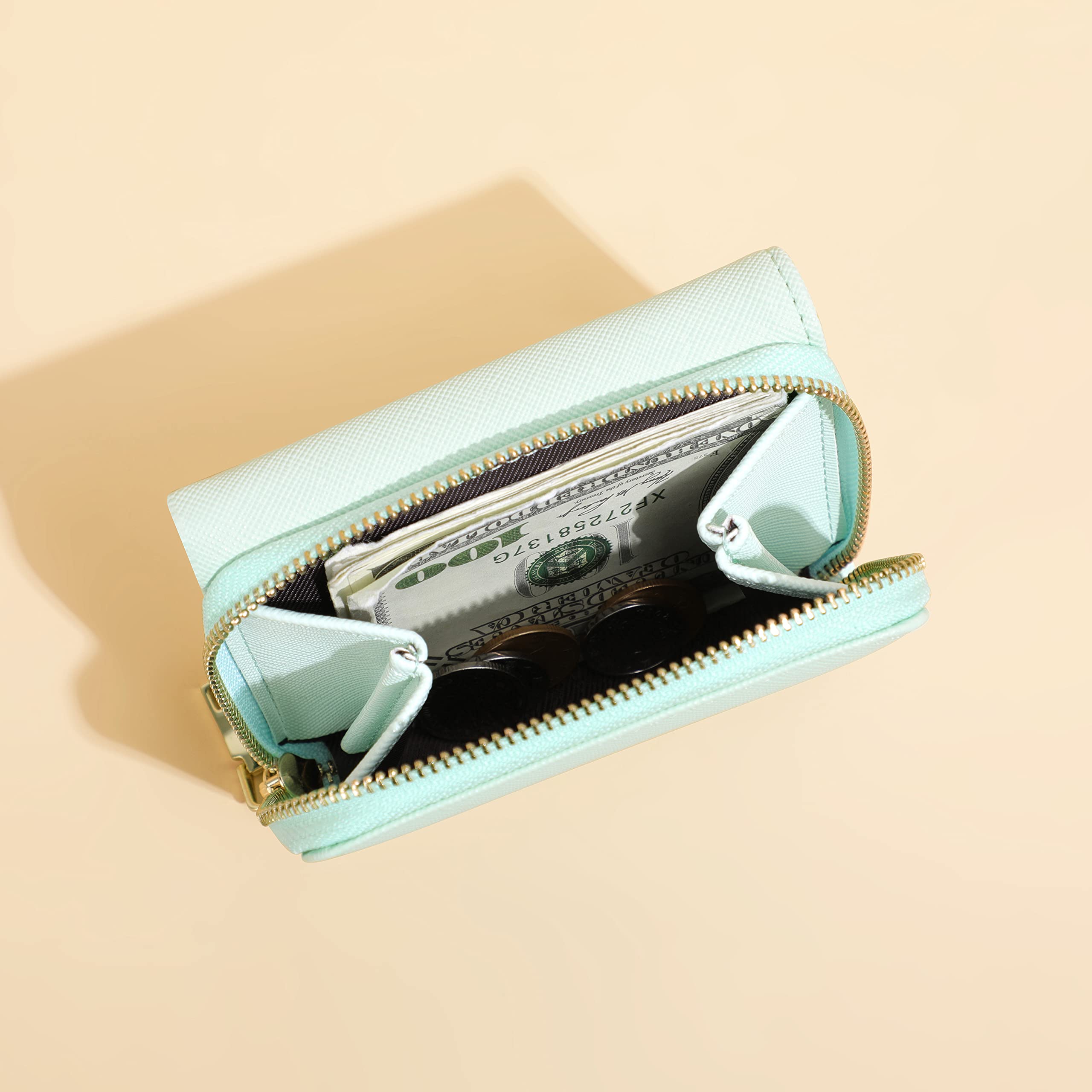 JIUFENG Women's RFID Blocking Short Wallet Multi Purpose Zipper Folded Purses Coins Pouches Multi-card Position Card Organizer (Green)