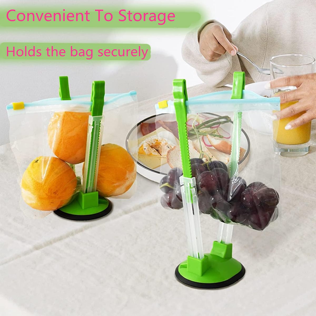 Baggy Rack Hands-Free Clip Food Storage Freezer Baggy Holder,Bag Holder For Plastic Bags Stand/Pack of 2 Green