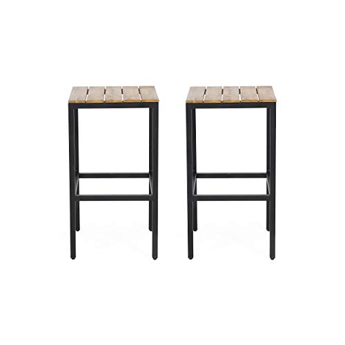 Christopher Knight Home Frieda Outdoor Modern Industrial Acacia Wood Bar Stools (Set of 2), Teak Finish + Black