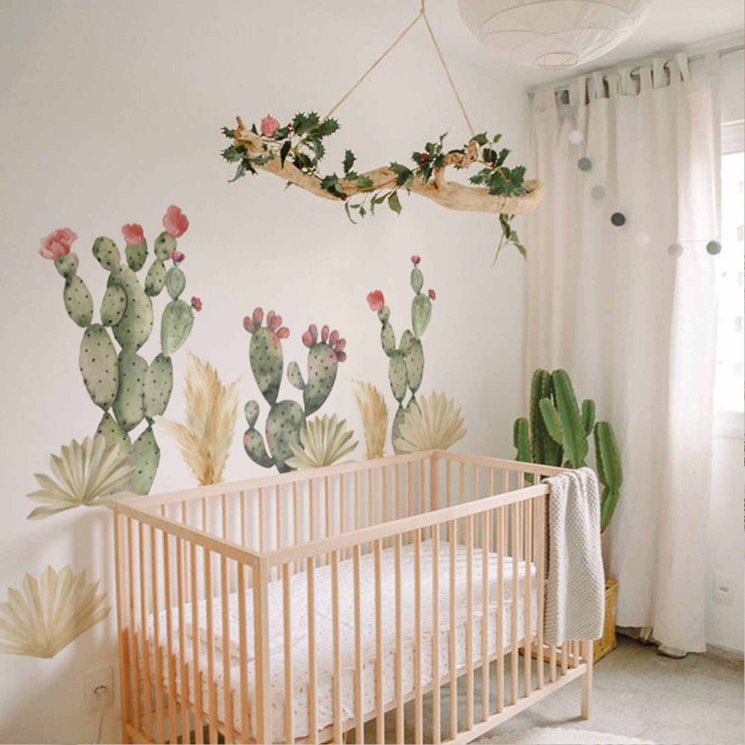 astrkiz Tropical Watercolor Boho Cactus Wall Decals Peel and Stick, PVC Prickly Pear Cactus Wall Stickers, Botanical Wall Art Decor for Kids Room Playroom Nursery Bedroom Classroom
