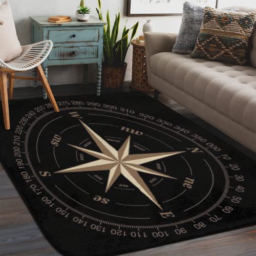 Compass Rose Area Rug, 5'x7', Artwork Black Washable Indoor Outdoor Rug Carpet Door Mats for Front Porch, Patio, Kitchen, Farmhouse, Entryway, Living Dining Room
