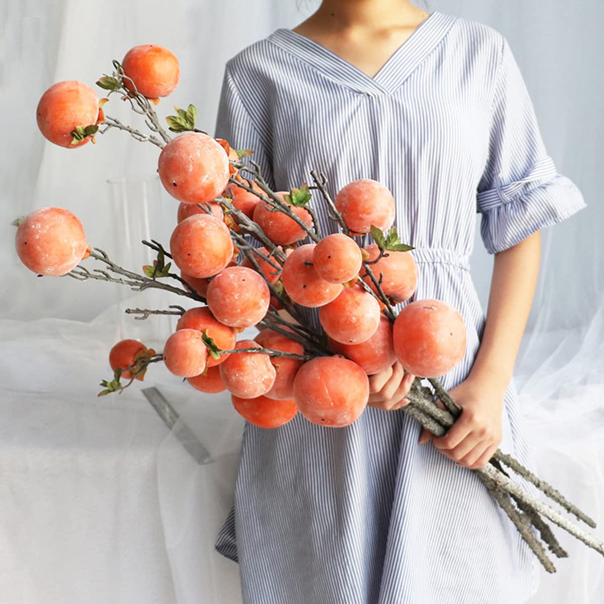 Junzixiao Artificial Persimmon Tree Branches Fake Fruit Home Wedding Decor Artificial Flowers Garden Hotel Office Home Farmhouse Decor One Branch per Pack (Orange, 35.43)
