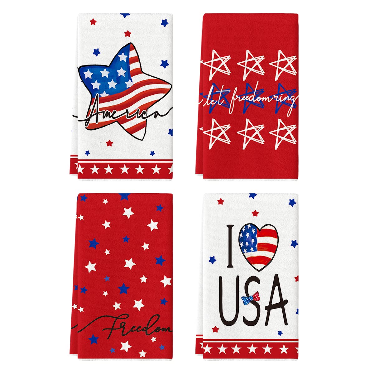 Artoid Mode American Flag 4th of July Kitchen Towels Dish Towels, 18x26 Inch Stars Freedom I Love USA Decoration Hand Towels Set of 4