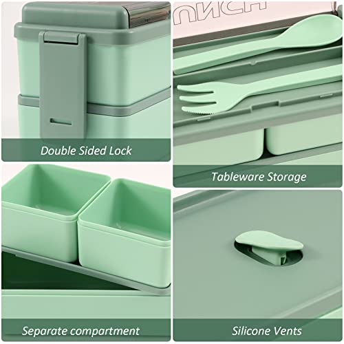 CHZZMS 2 Pack Bento Box Adult Lunch Box,49OZ Leakproof Eco-Friendly Stackable Bento Lunch Box Meal Prep for Dining Out, Work, Picnic, School (green+blue)