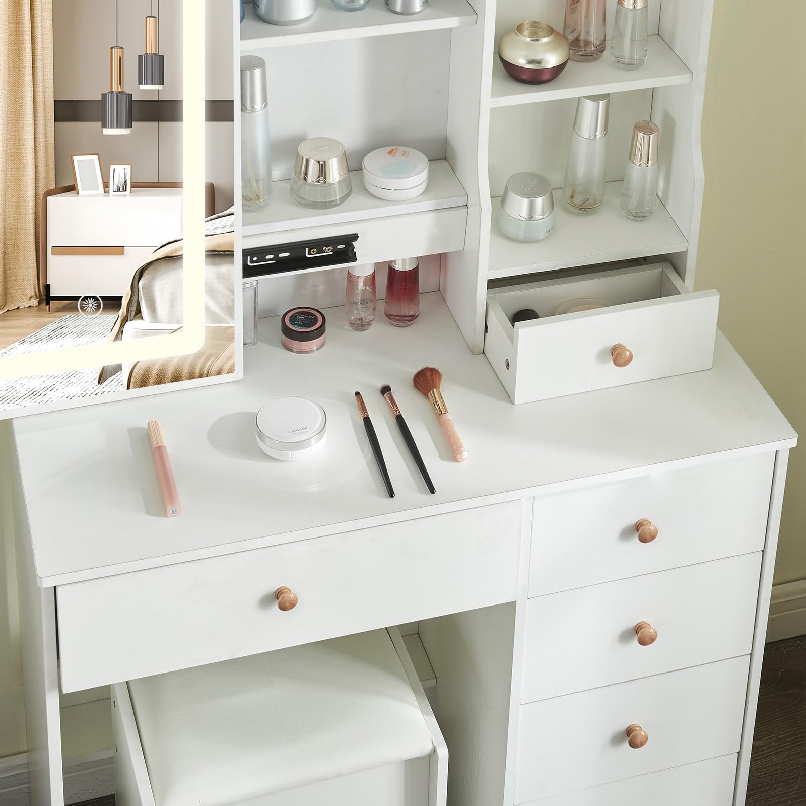 Abesthink Vanity Set Dressing Table with LED Lighted Makeup Mirror, Modern Vanity Table Desk with LED Lights & Storage Drawers and Stool for Bedroom,Girls Women…
