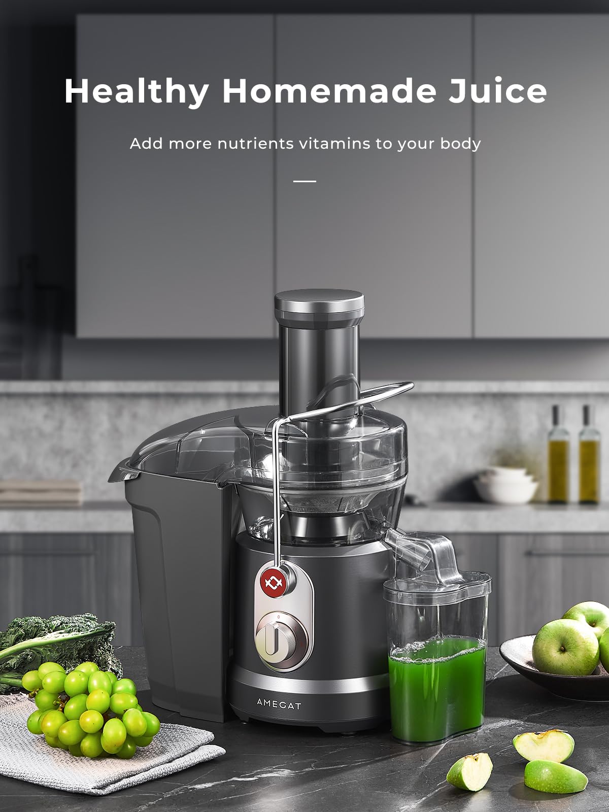 AMEGAT Juicer Machines Vegetable and Fruit, 1300W Powerful Juice Extractor Machine, Whole Fruit Juicer With 3.2" Wide Mouth Food Chute, 2 Speeds, High Juice Yield, 100% BPA-Free