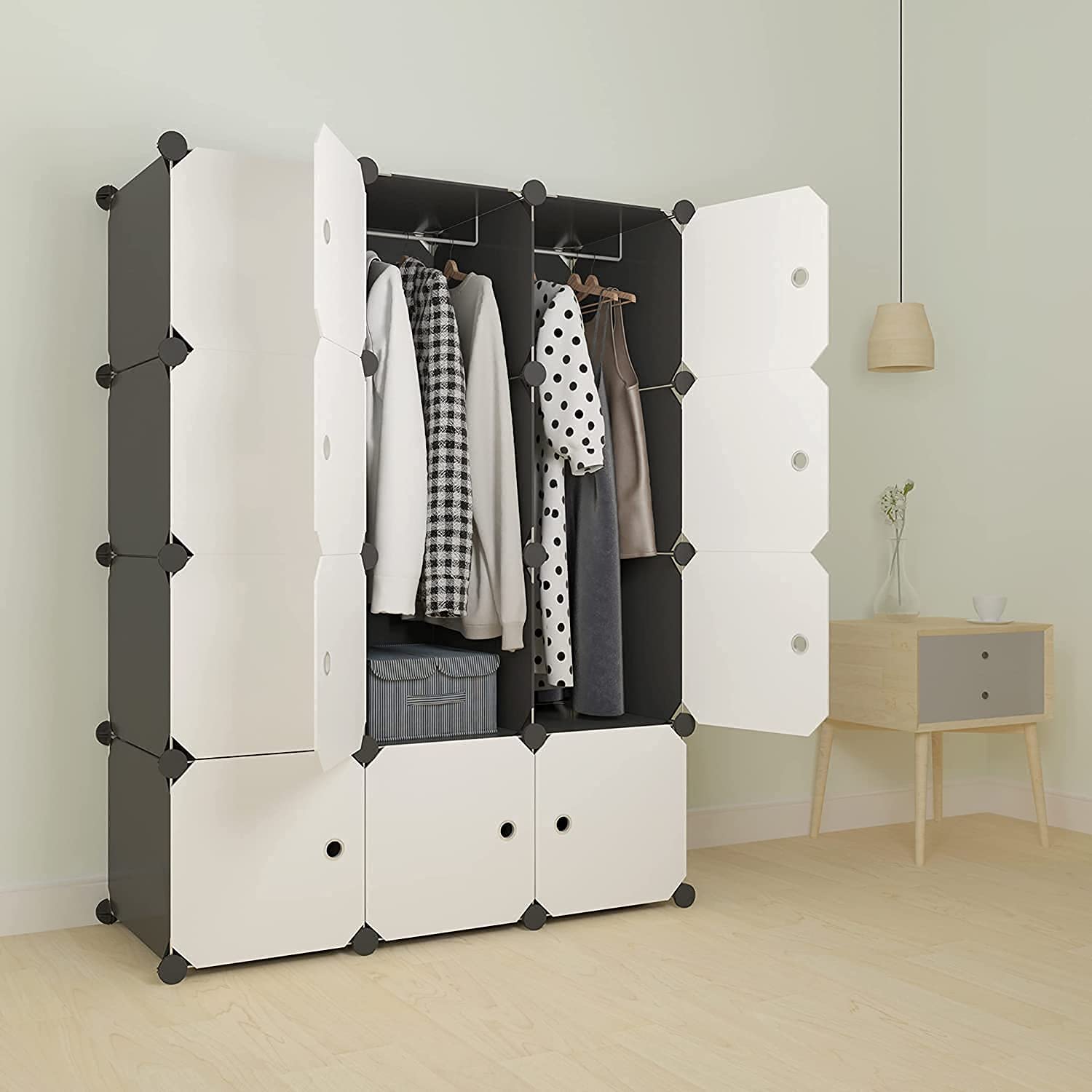 JKWAY DIY 12 Cube Storage Organizer with Doors, Portable Closet Wardrobe 14 in x18 Depth Cubes Clothes Organizer, Cabinet Book Shelf for Bedroom, , Office, Dorm Room (Black/White), (42 x56 )
