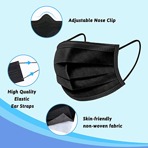 Black Disposable Face Masks - 50 Pack Black Masks for Women and Men,3 Ply Breathable Adult Face Masks