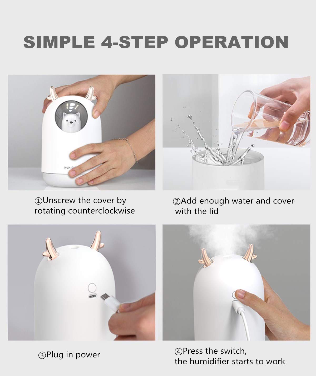 AmuseNd Portable USB Cool Mist Humidifier, 300ML Mini Atomization Humidifier with 7 Kinds of LED Light Conversion, Desktop Ultrasonic Air Humidifier Suitable for Kids, Baby, Offices, Bedrooms,Dorm