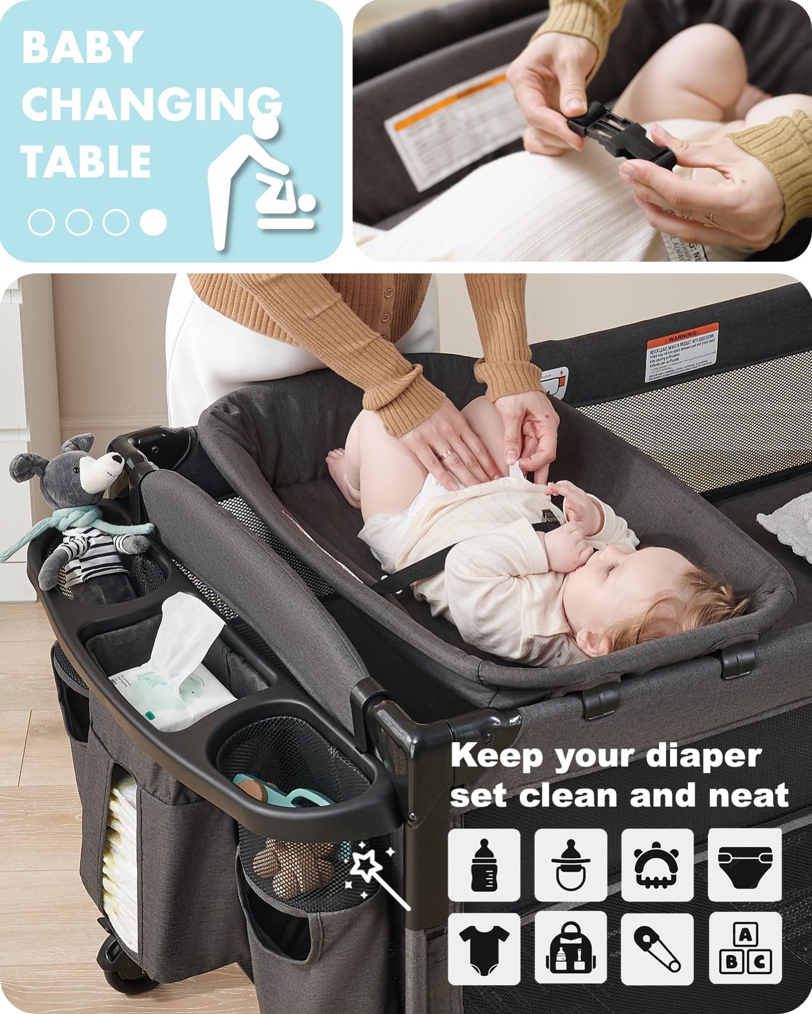AirClub Baby 4 in 1 Bassinet Bedside Sleeper, Baby Bedside Crib Sleeper, Playard, Portable Diaper Changing Table, Baby Bassinet for Newborn Baby