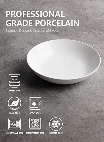 Sweese Porcelain Pasta Bowls, 45 Ounce Large Salad Serving Bowls, Wide and Shallow Bowls Set of 4, Microwave and Dishwasher Safe, White, No. 113.101