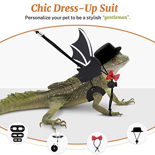 VavoPaw Bearded Dragon Lizard Leash Harness (S/M/L 3 Pack), Adjustable Leash Bat Wings Costume Accessories with Hat & Bow Tie Collar for Lizard Reptile, Gecko, Iguanas, Amphibians & Small Animals