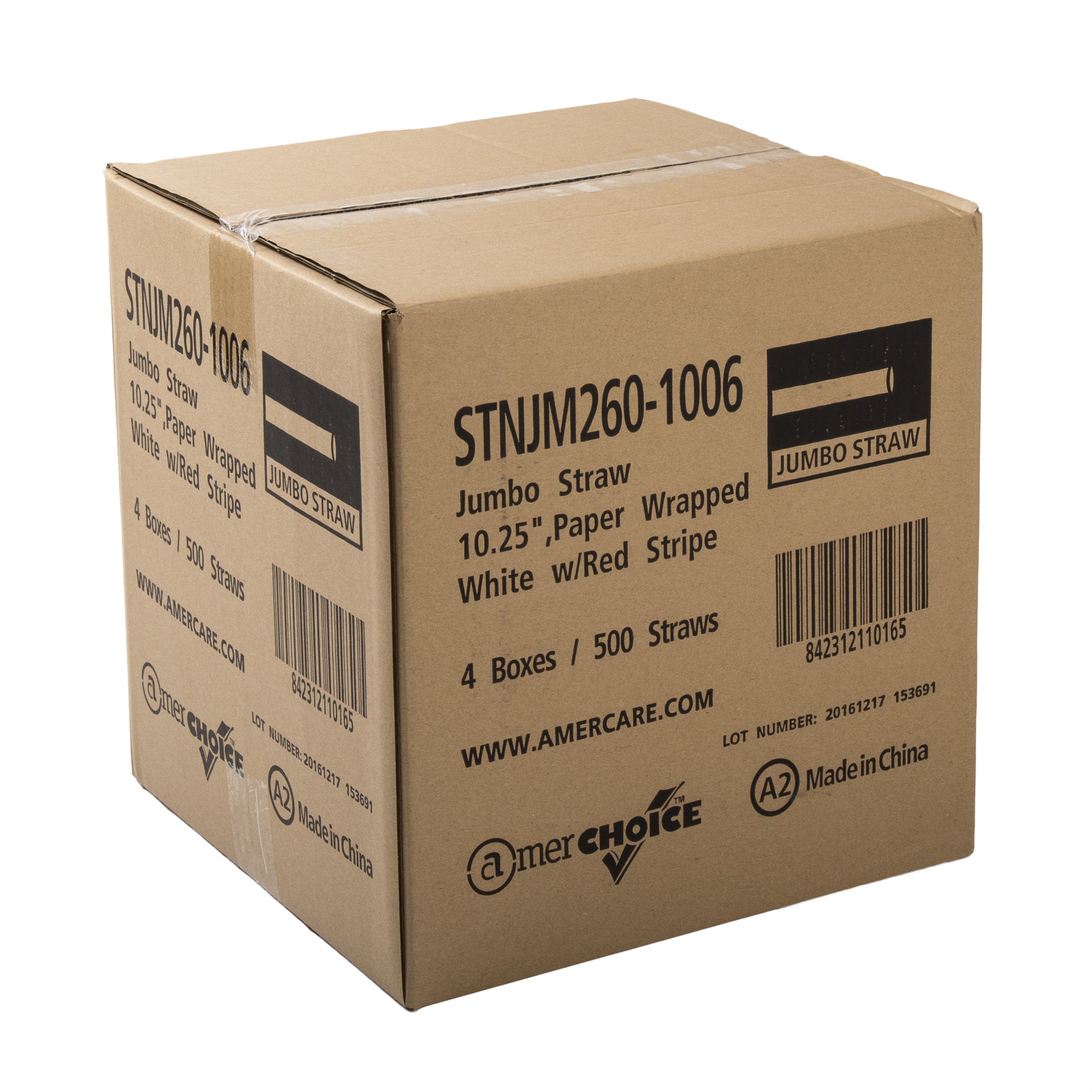 AmerCare 10.25 Inch Jumbo White with Red Stripes Paper Wrapped Straws, Case of 2000