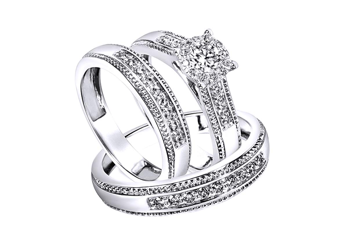 AFFY White Natural Diamond Wedding & Engagement Trio Band Ring Set in 10K Solid White Gold (0.87 Carat, I-J Color, I2-I3 Clarity)