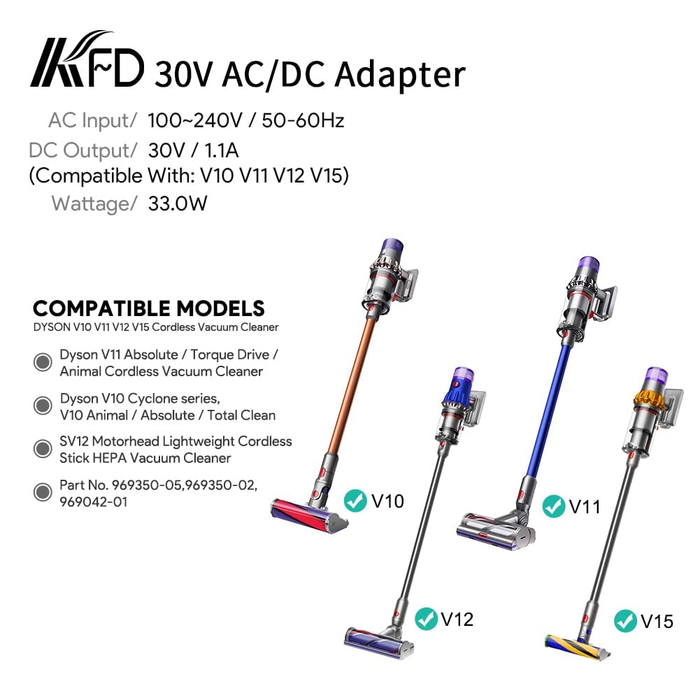 KFD 30V Replacement Dyson V10 V11 V12 V15 Charger AC Adapter for Dyson Cyclone V10 Absolute Animal Motorhead, Dyson V11 Torque Drive/Animal/Absolute Cordless Vacuum Cleaner Power Supply Cord Cable