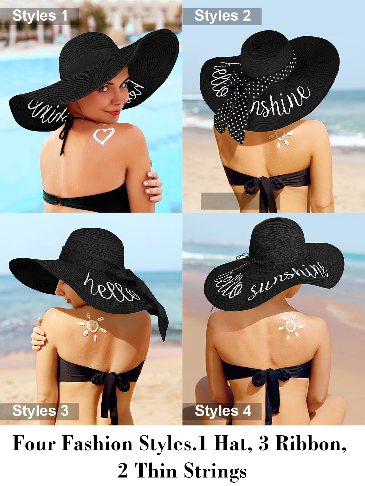 Beach Hats for Women - Foldable Straw Hat Embroidered Wide Brim Floppy Sun Hat UPF 50+, Honeymoon, Travel, Cruise,C1-Black