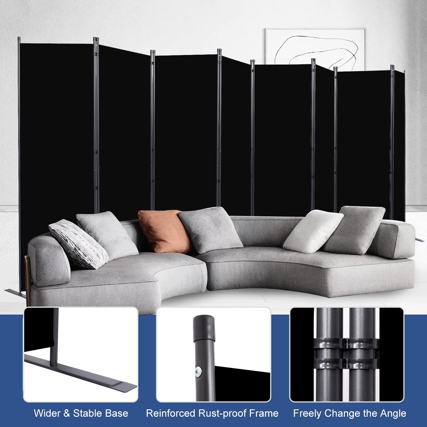Room Divider and Folding Privacy Screens, 8 Panel Wide Room Divider Wall Screen for Room Separtition, Partition Room Dividers Fabric Panel Wall Dividers Freestanding for Office, Bedroom, Studio Dorm
