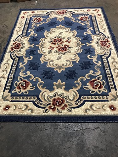 Traditional Aubusson Persian Area Rug Light Blue with Red Design 507 (5 Feet 3 Inch X 7 Feet 2 Inch)