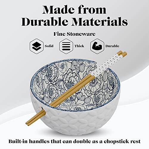 American Atelier Ramen Bowl with Chopsticks | Set of 2 | Soup Bowls for Kitchen | Udon Noodle Bowls with Chopsticks | Stoneware Soup Bowl | 6" Diameter (21 Oz) - Blue Floral Print