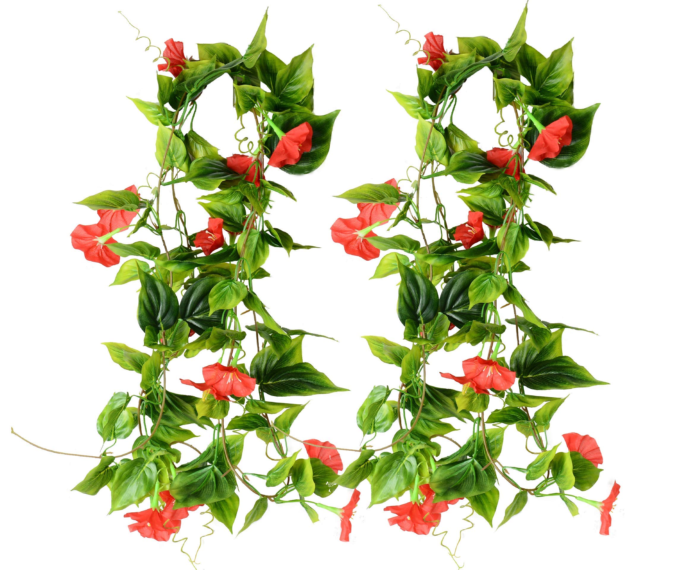 AirSun Artificial Morning Glory Flower Vines, 2pcs 15Feet Hanging Plants Silk Garland Fake Green Plant Home Garden Wall Fence Indoor Outdoor Wedding Birthday Decor (Red)