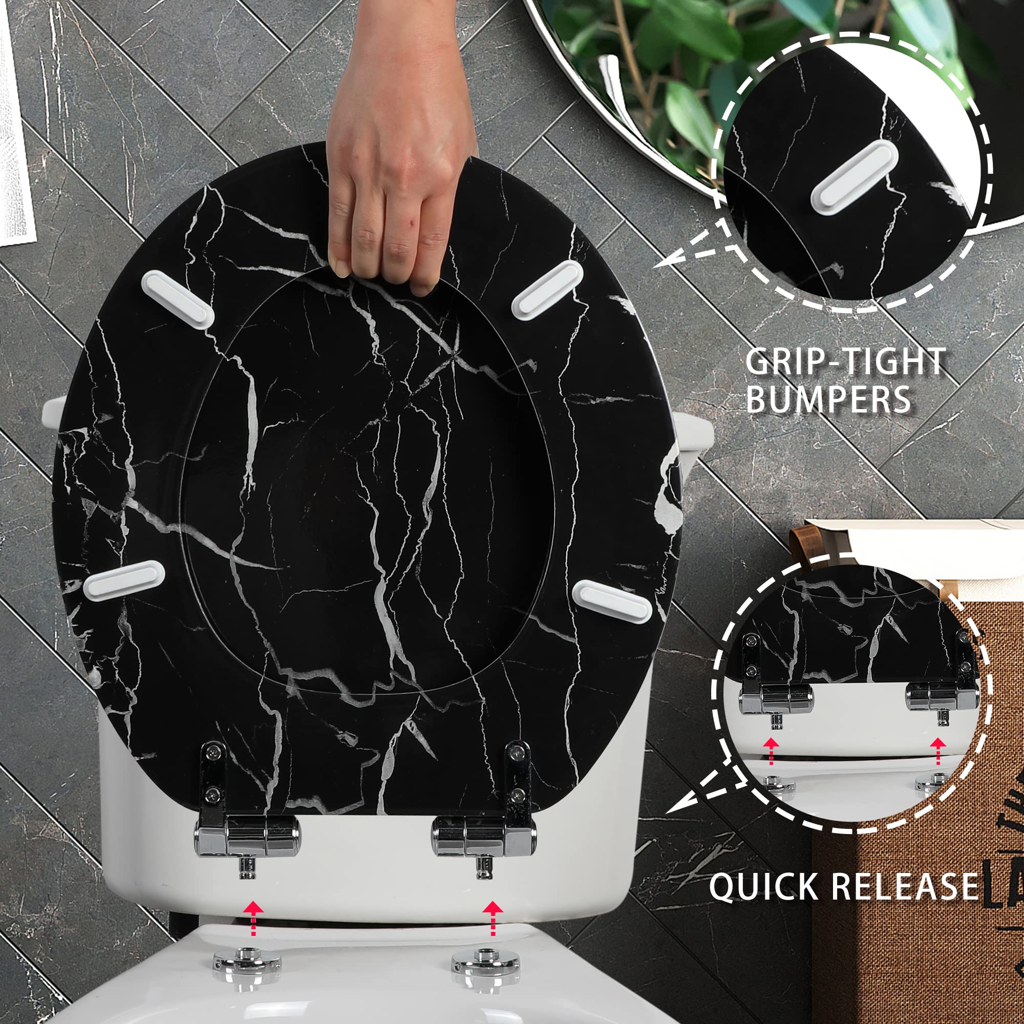 Angel Shield Marble Toilet Seat Durable Molded Wood with Quiet Close,Easy Clean,Quick-Release Hinges (Round,Black Marble)