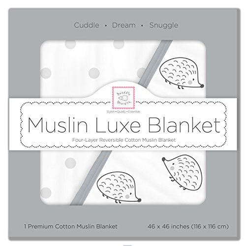 SwaddleDesigns 4-Layer Cotton Muslin Luxe Blanket, Baby and Toddler Cuddle and Dream, 46x46 inches, Black Hedgehogs and Dots
