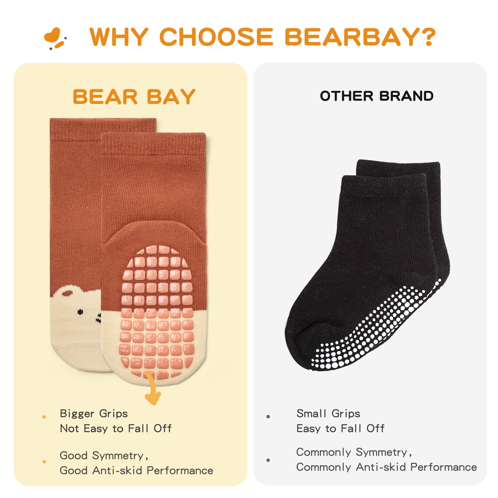 Bearbay Toddler Socks with Grippers (3 Pairs) for 1-5 Years Old Crew Baby Socks
